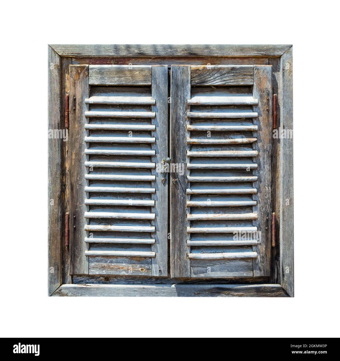 Aged weathered wooden window shutters isolated on white background ...