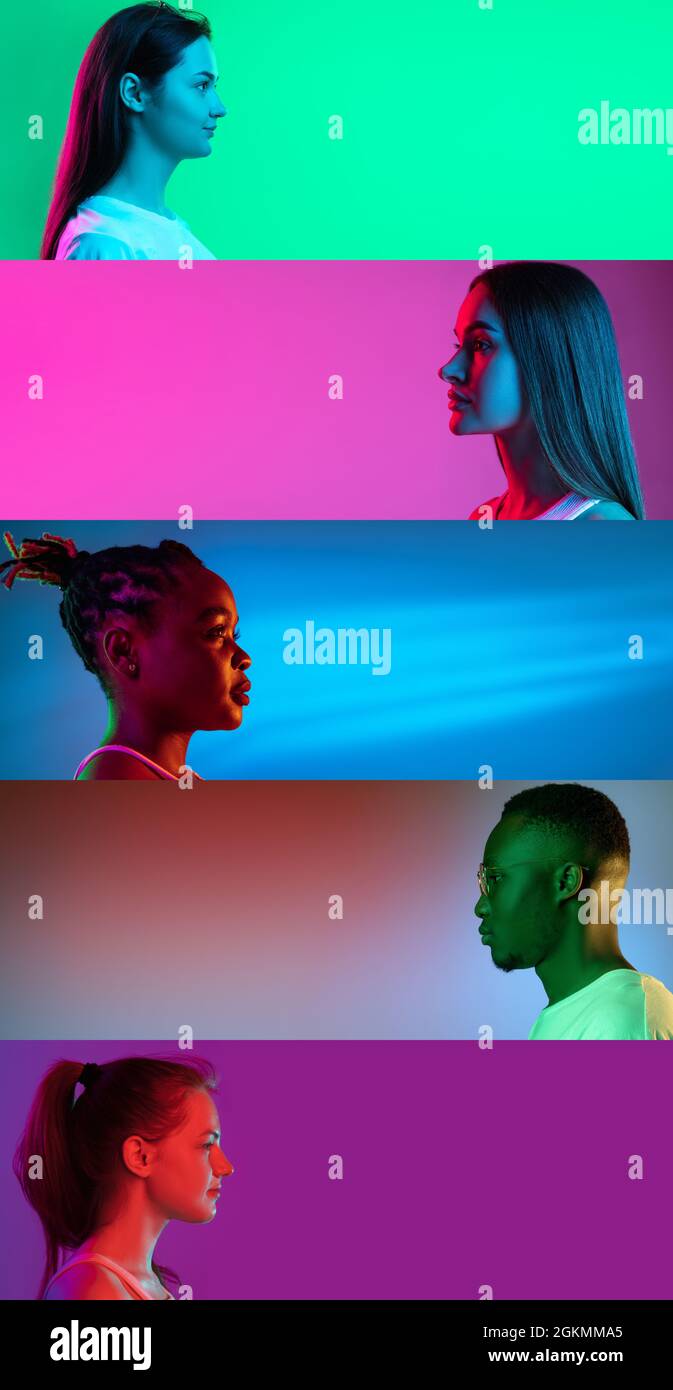 Collage of side view portraits of an ethnically diverse people, male ...
