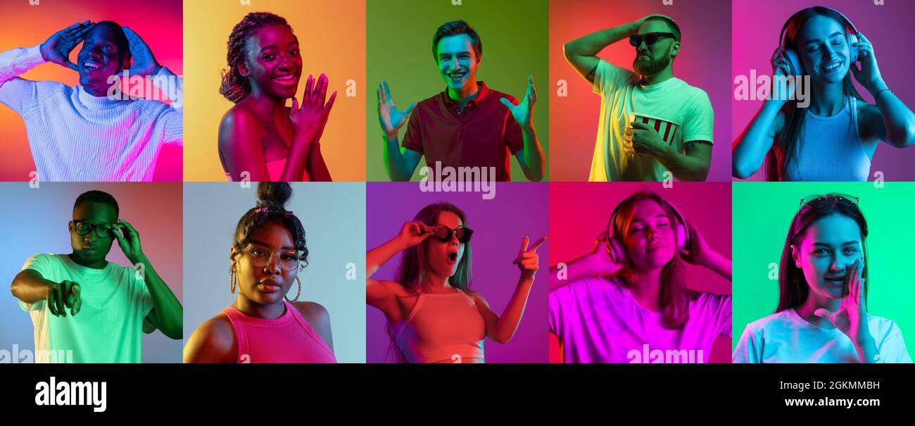 Collage of portraits of an ethnically diverse people, male and female ...