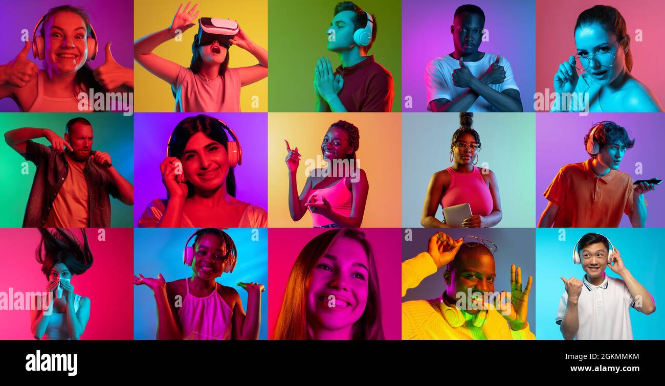 Collage of portraits of an ethnically diverse people isolated over ...