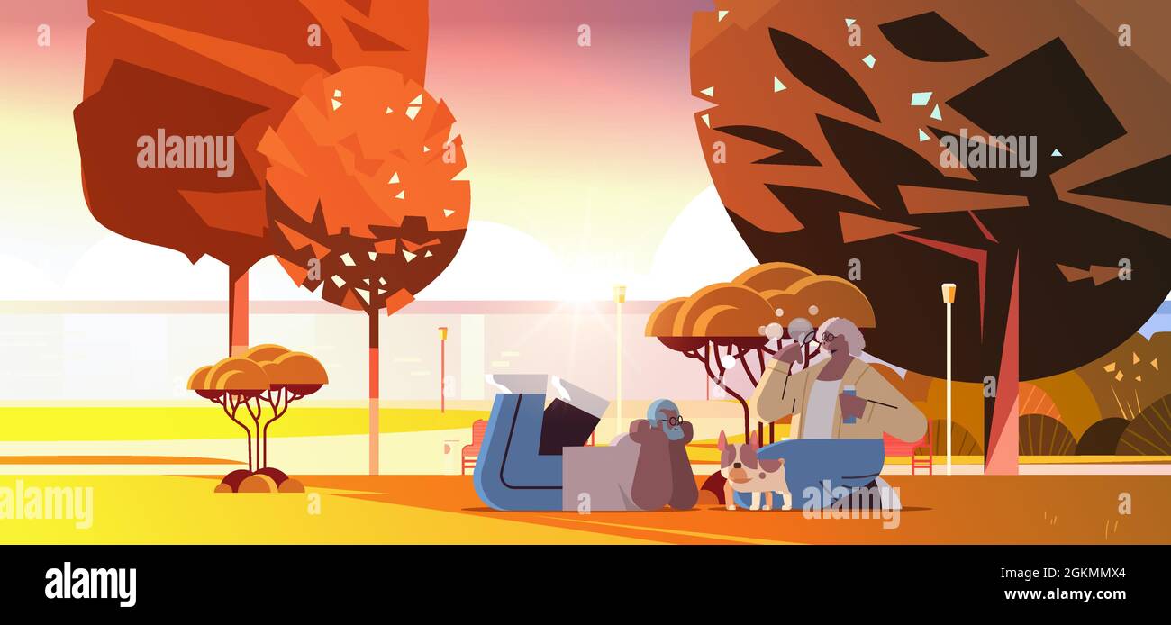 senior couple blowing bubbles and spending time with dog in urban park ...