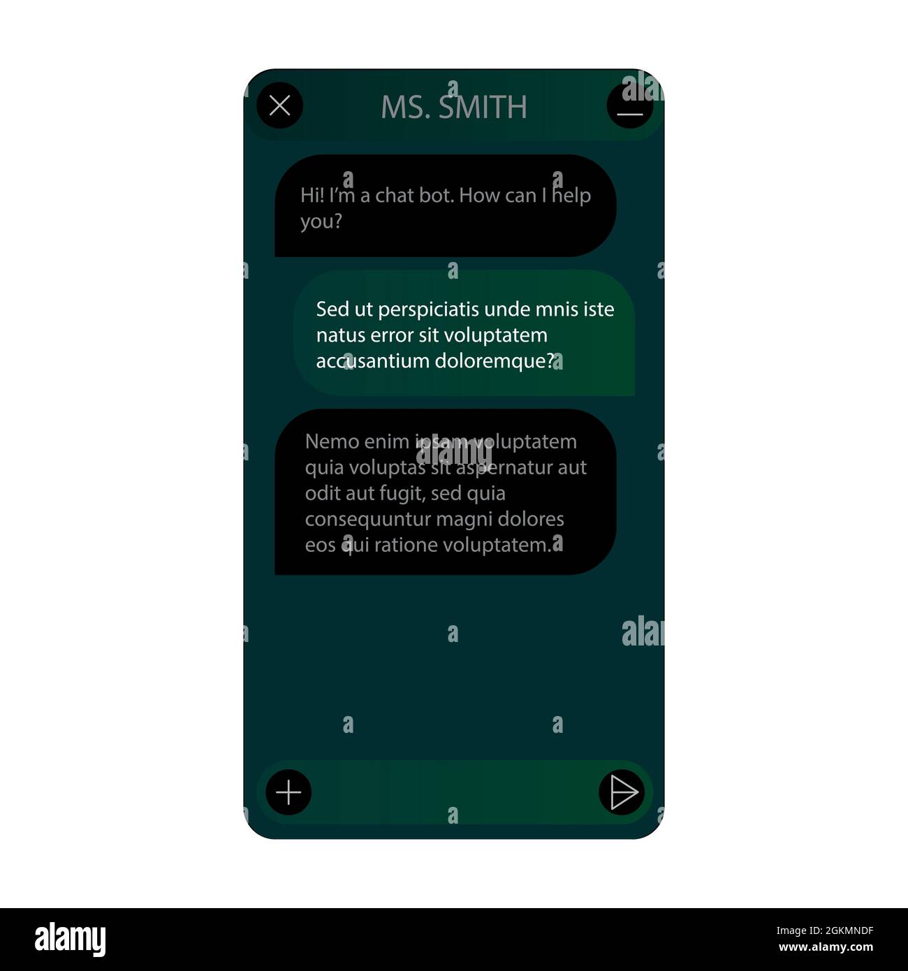 Chat bot window. Dark Night mode. User interface of application with online dialogue ...