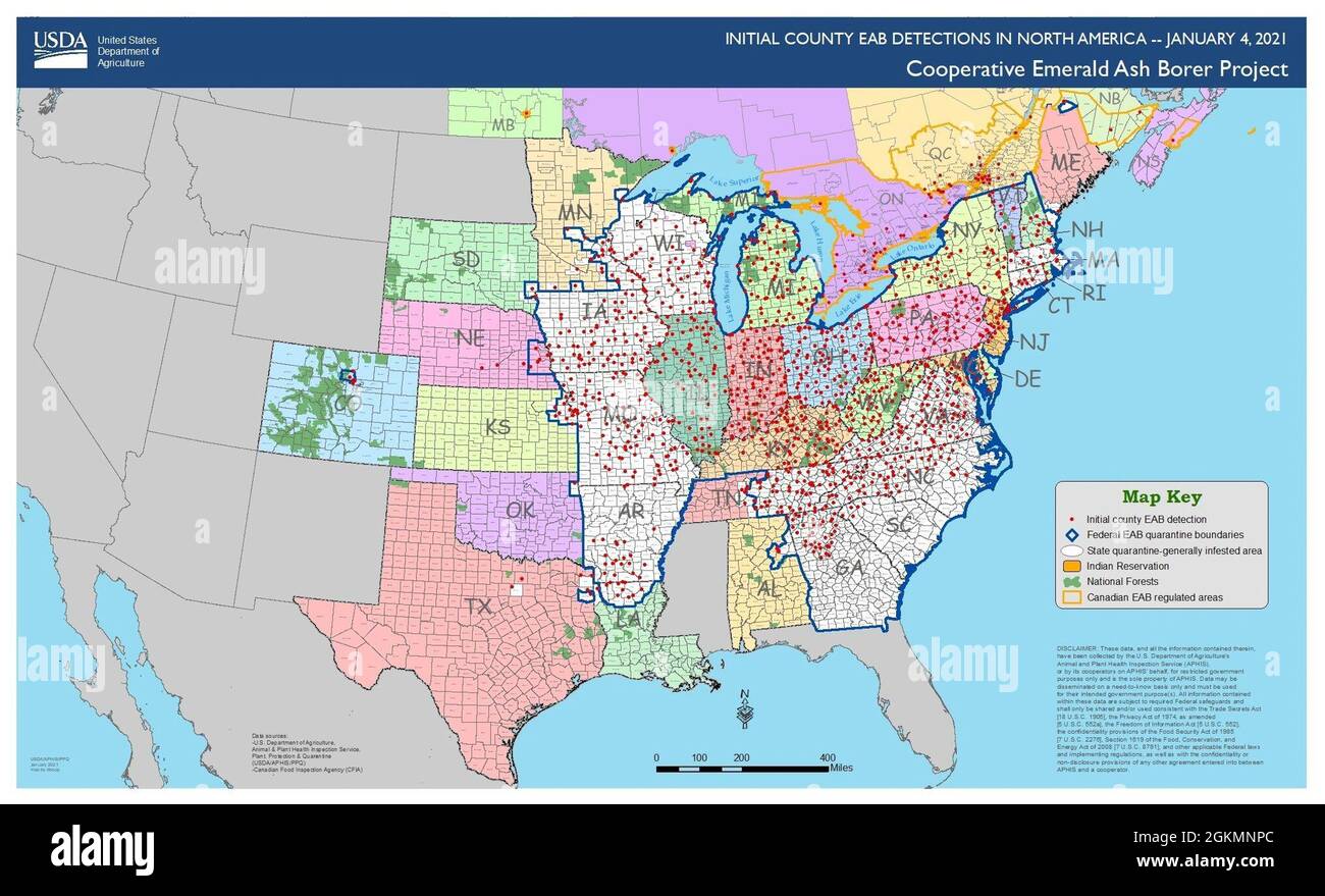 A map of places where the invasive emerald ash borer has been detected ...