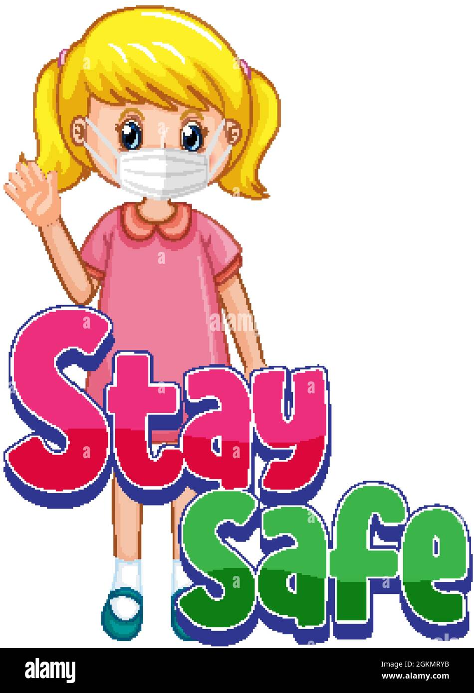 Stay Safe logo with a girl wearing mask cartoon character isolated ...