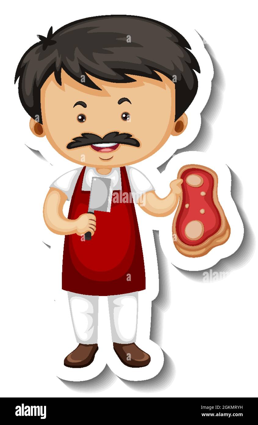 Sticker template with a meat seller man cartoon character isolated ...