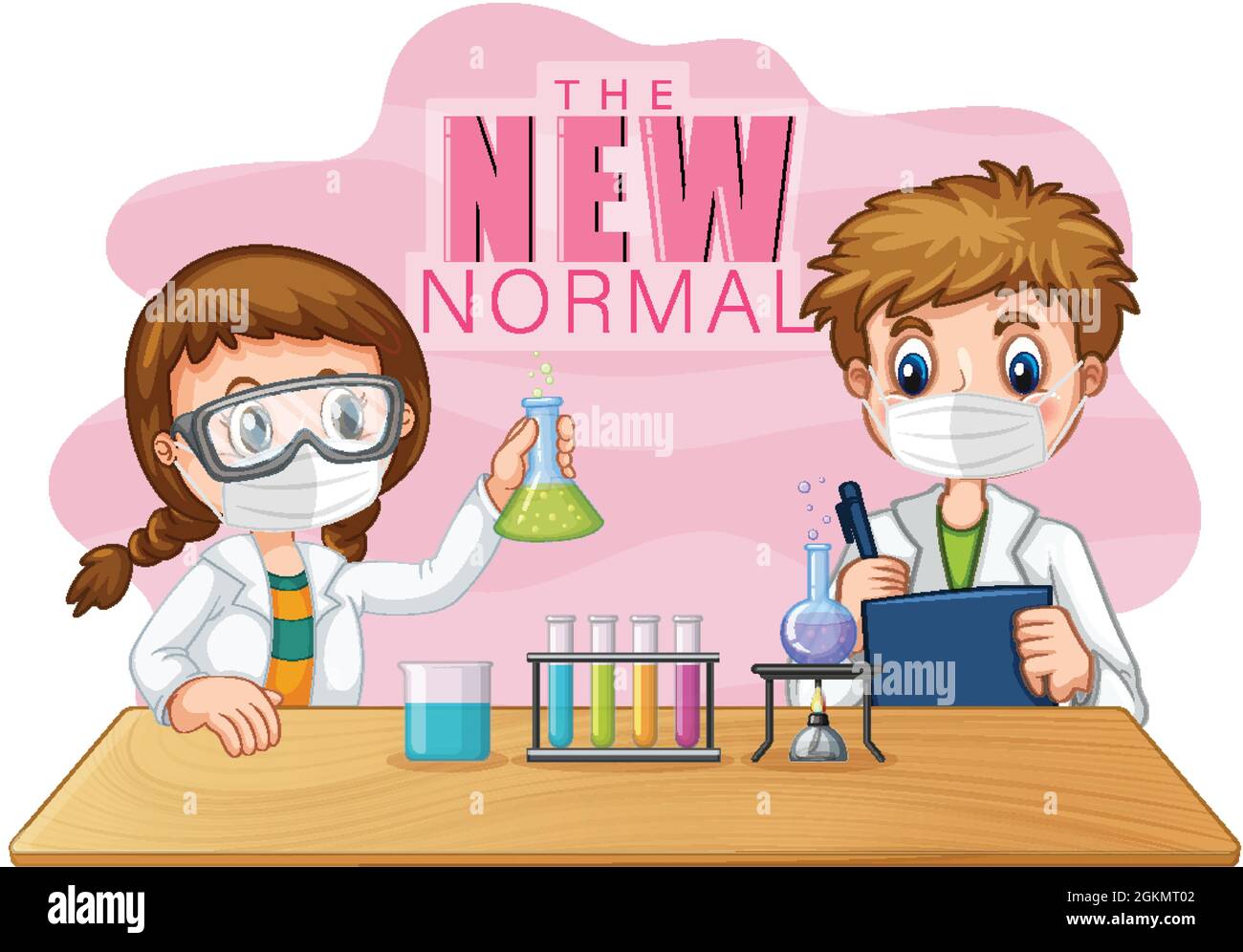 The New Normal with two scientist kids wearing face masks illustration ...