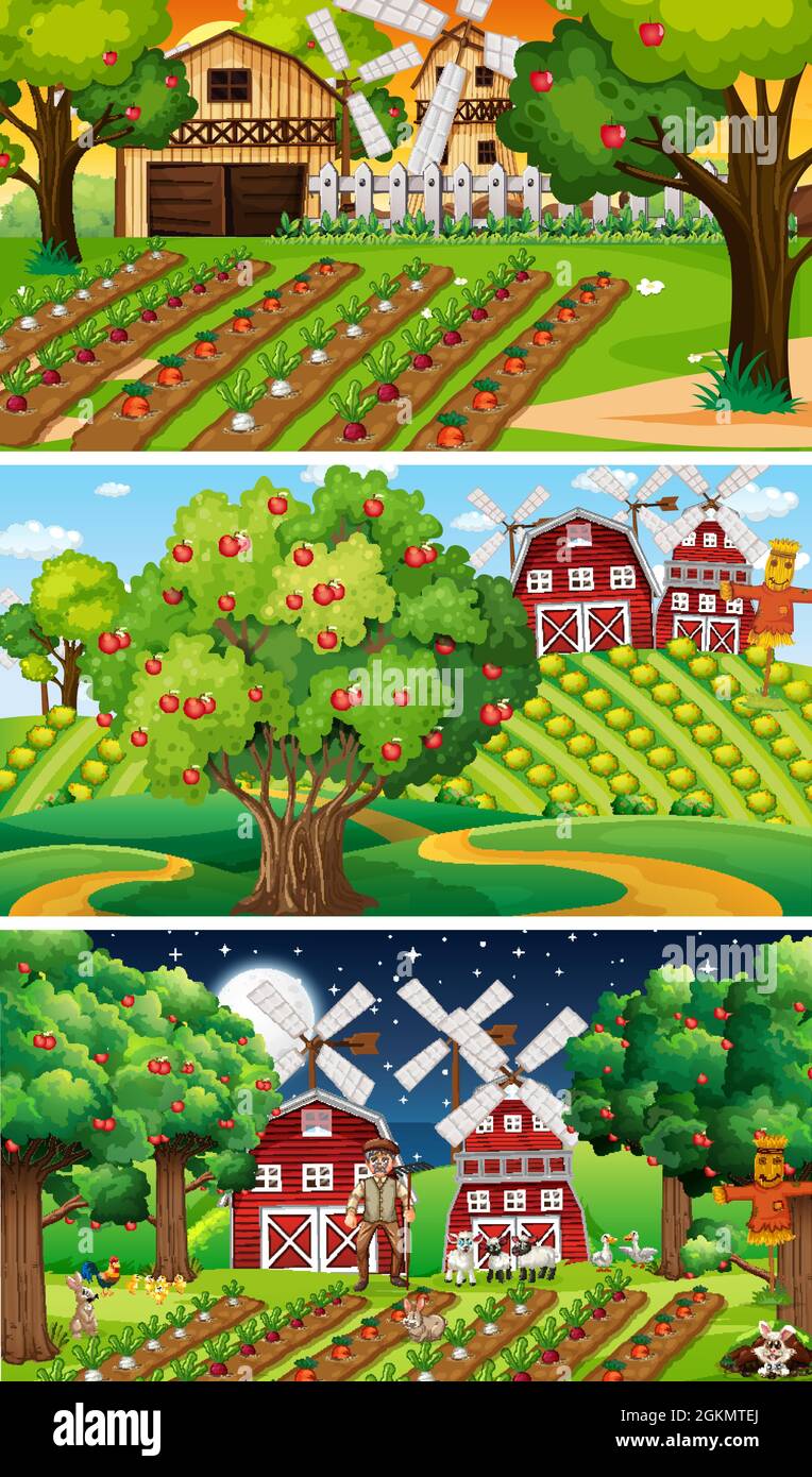 Different farm scenes with old farmer and animal cartoon character ...