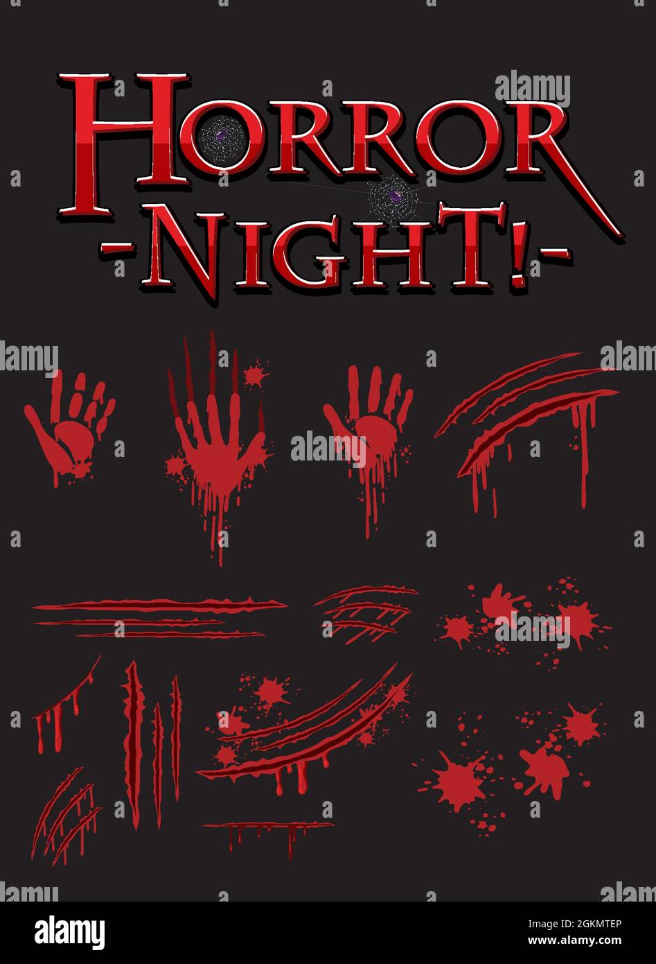 Horror Night text design with bloody hand prints illustration Stock ...