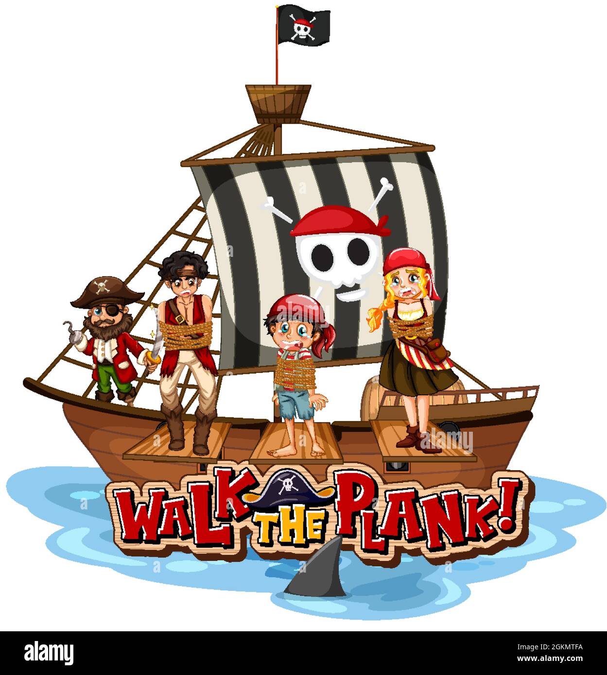 Walk the plank font banner with pirate ship on white background ...
