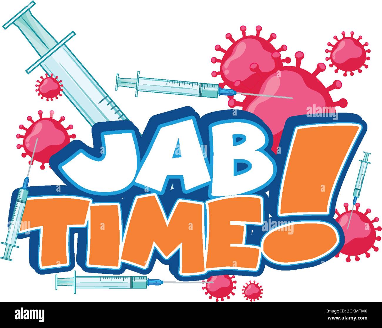 Jab time font design with syringe and coronavirus icon on white ...