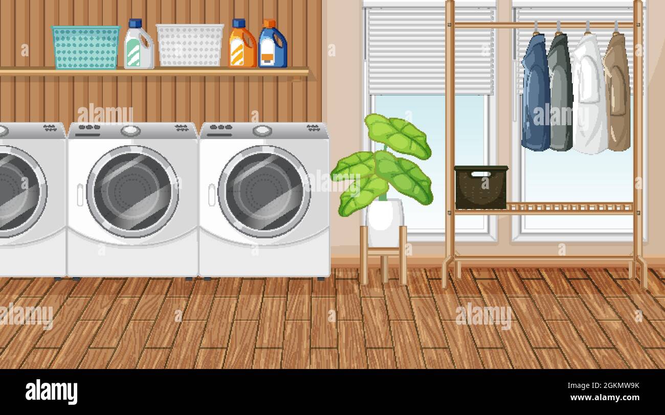 Laundry room scene with washing machine and clothes hanger illustration ...