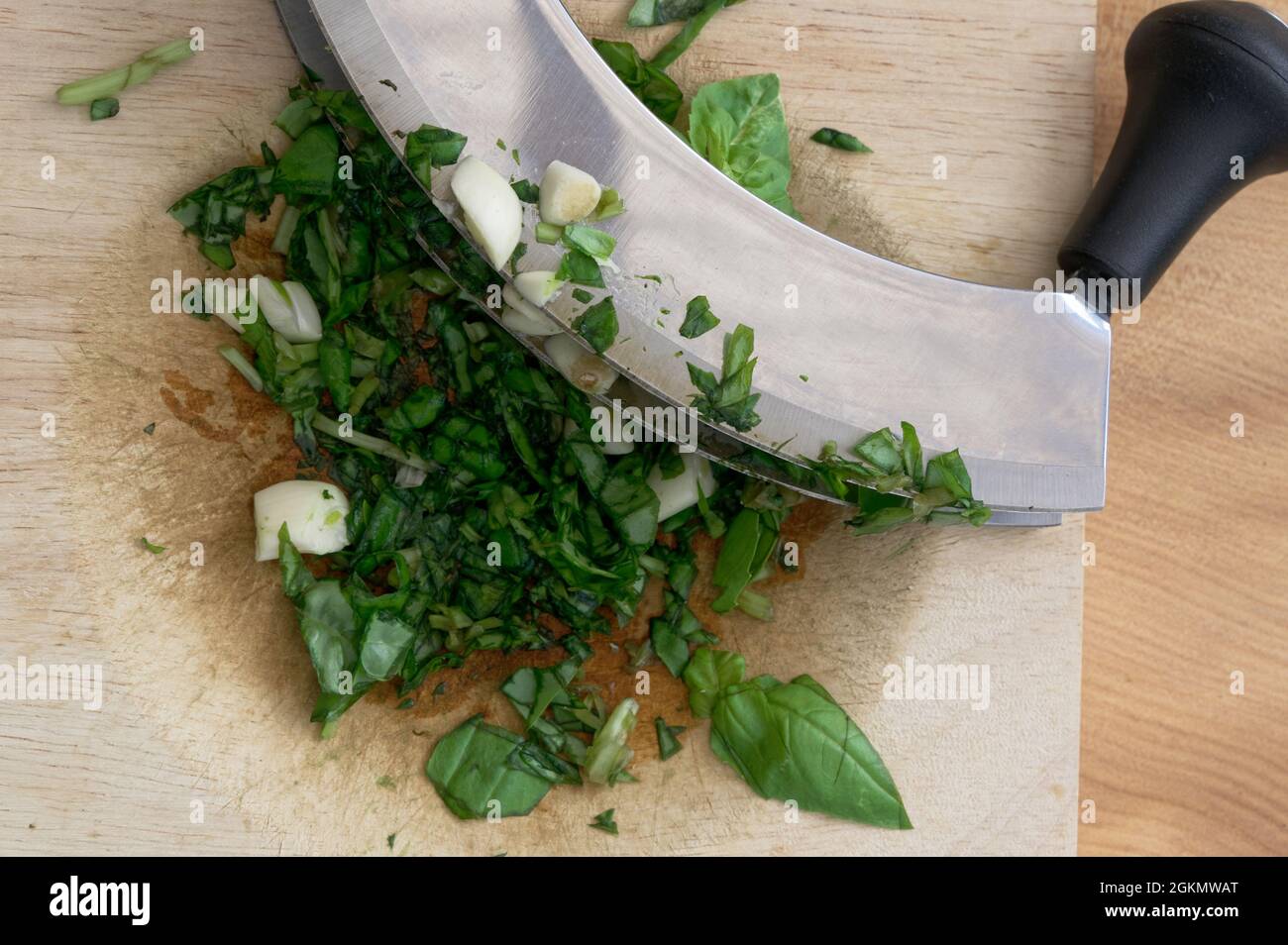 Garlic and basil are being chopped finely to make pesto sauce Stock ...