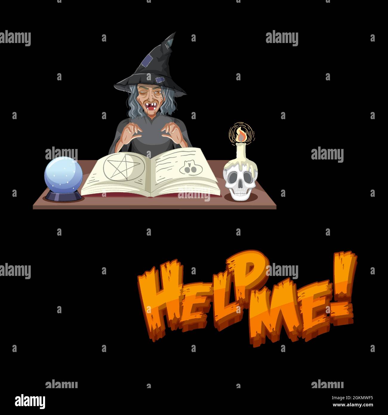 Help me font with old witch cartoon character illustration Stock Vector ...