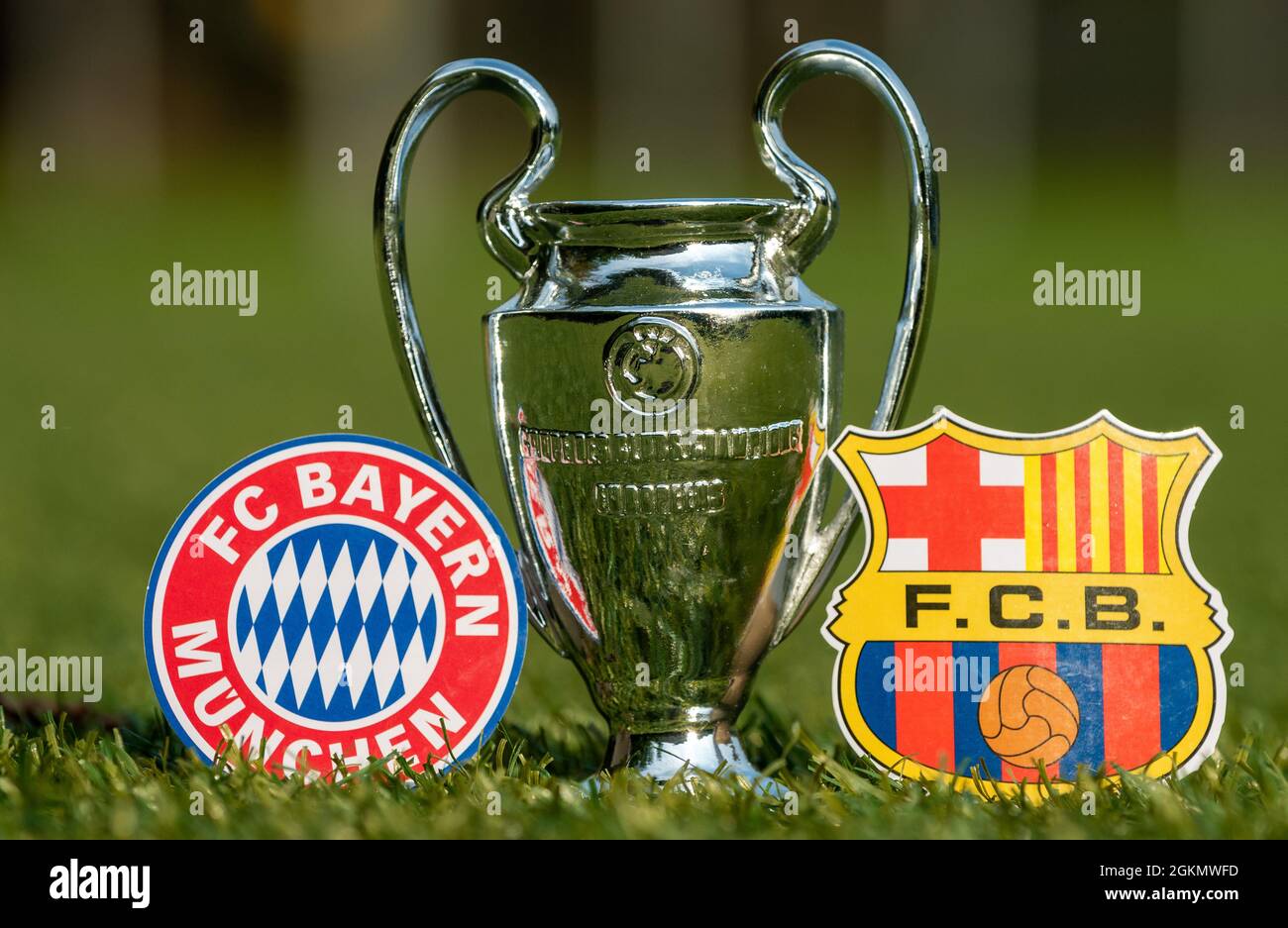 August 27, 2021 Bavaria, Munich. The emblems of football clubs FC ...