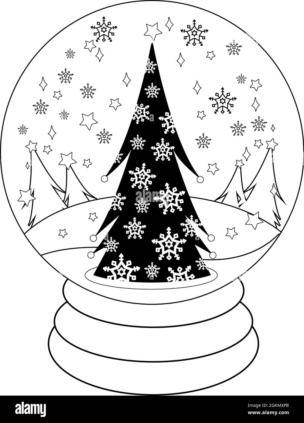 Christmas tree inside a snow globe. Vector black and white coloring ...