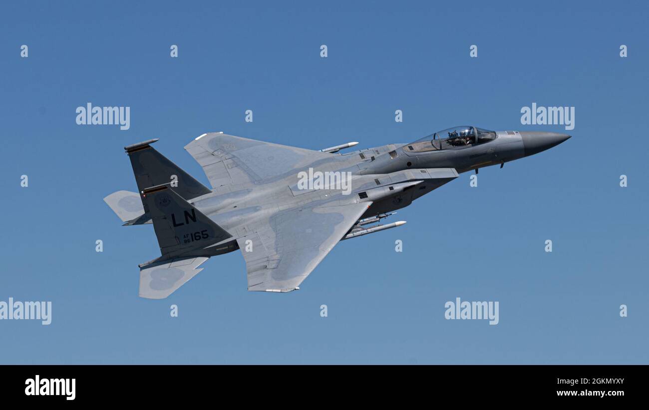 An F-15C Eagle assigned to the 493rd Fighter Squadron takes off from the flightline at Royal Air ...