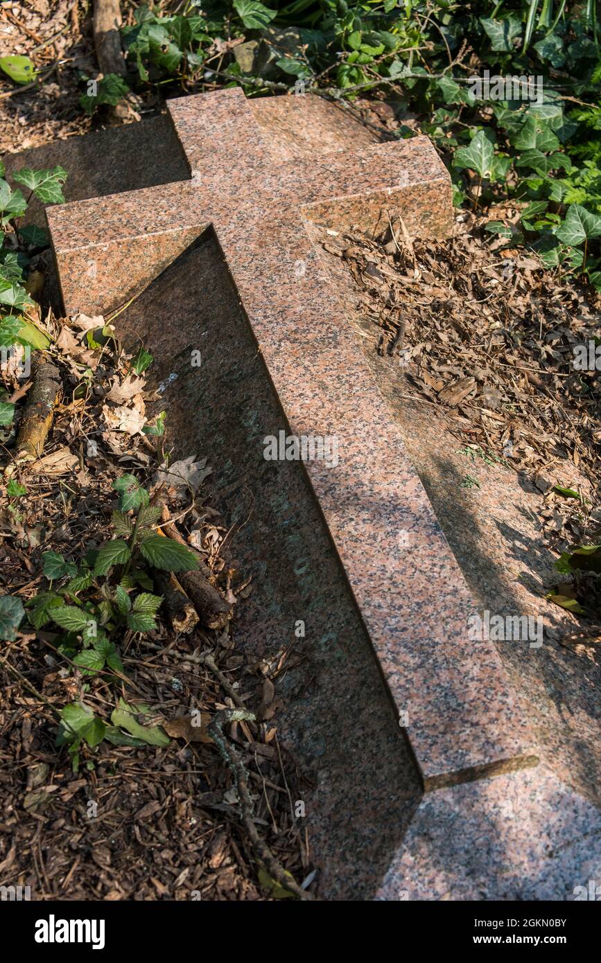 Pink granite cross memorial, gravestone / tombstone, grave top ...