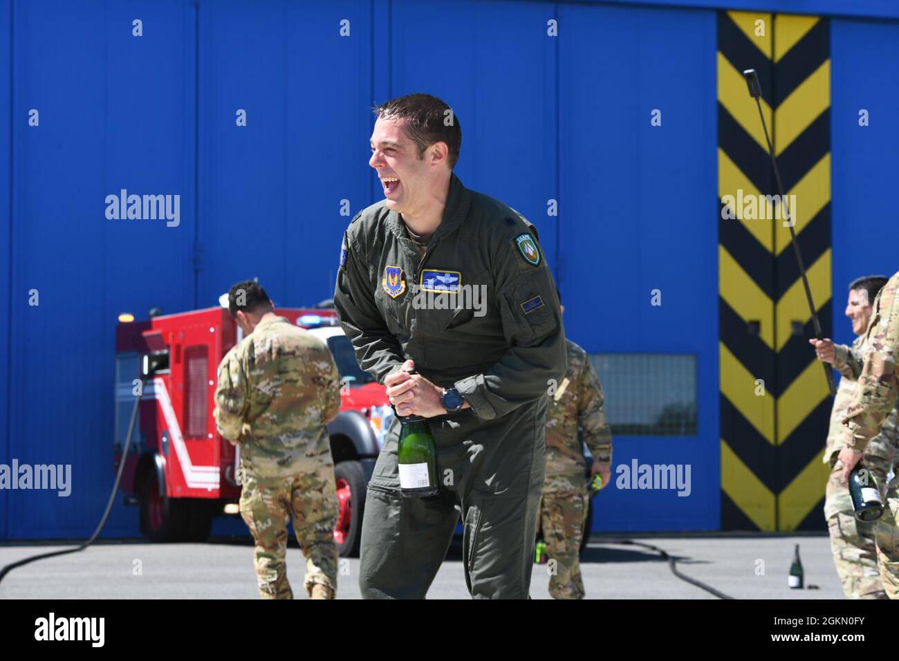 U.S. Air Force Firefighters of 424th Air Base Squadron, celebrate the ...