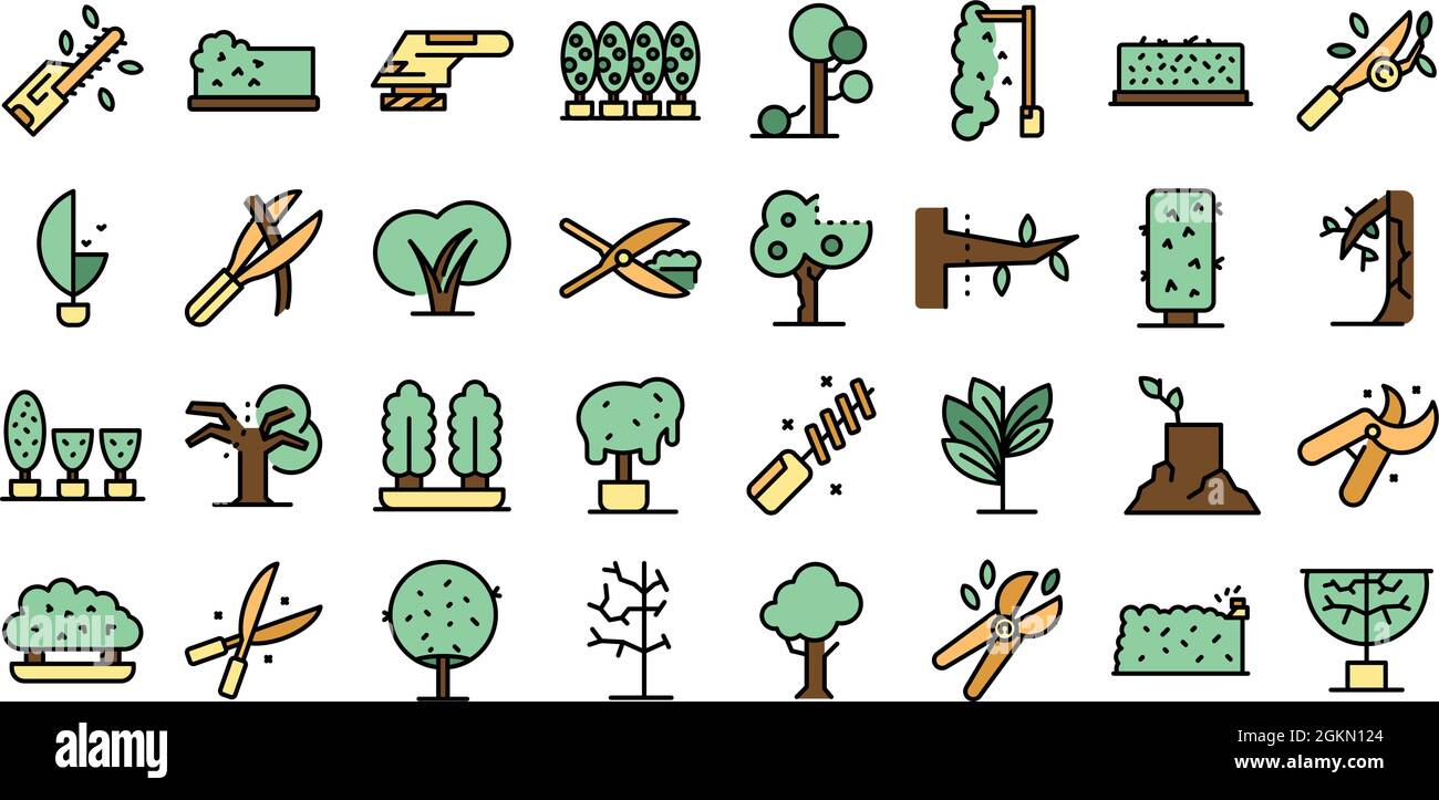 Tree trimming icons set outline vector. Tree woodcutter. Work thin line ...