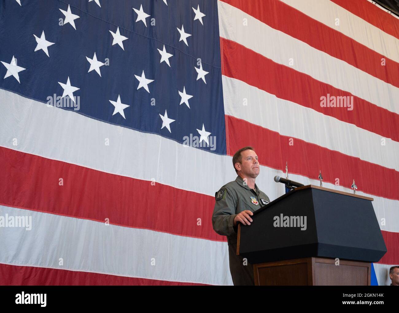 Colonel Craig Andrle, 388th Fighter Wing Commander, gives a speech to ...