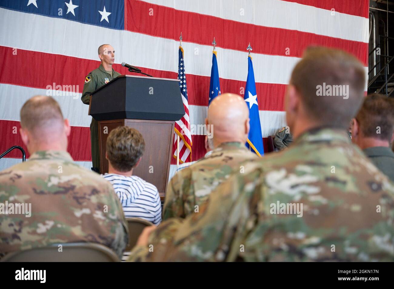 Colonel Steven Behmer, former 388th Fighter Wing Commander, gives a ...