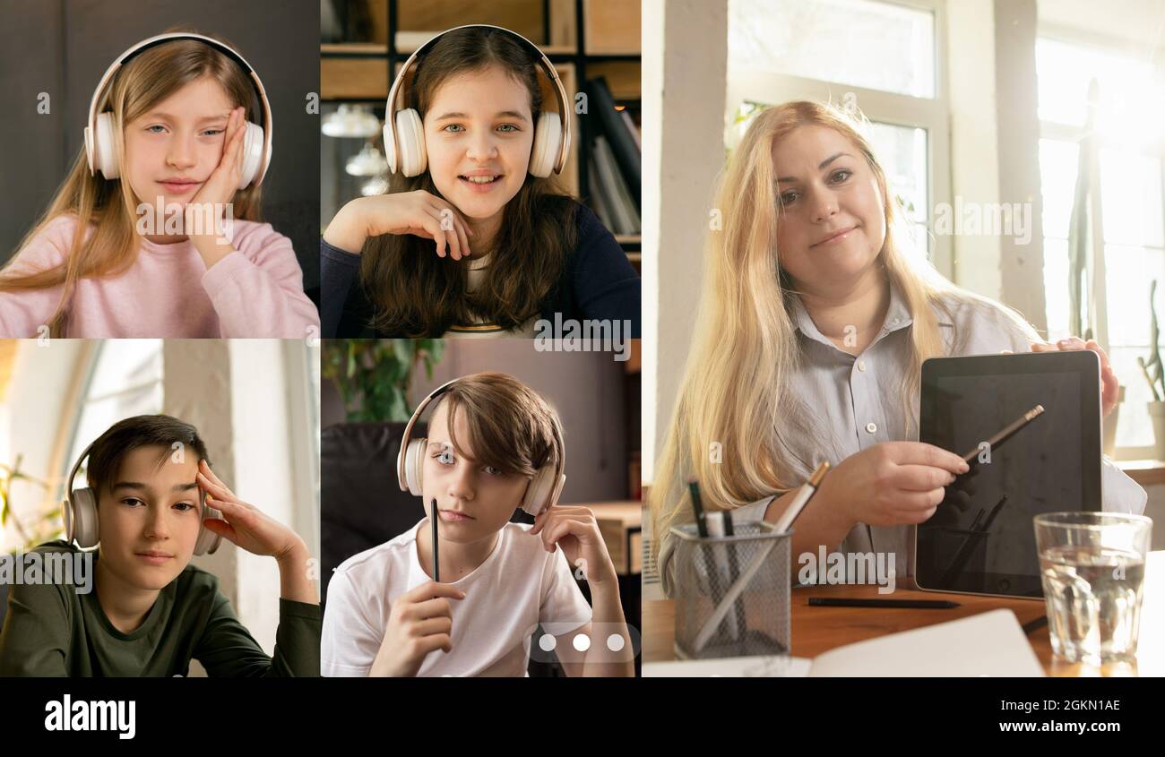 Collage. Group of kids, students studying by group video call, use ...