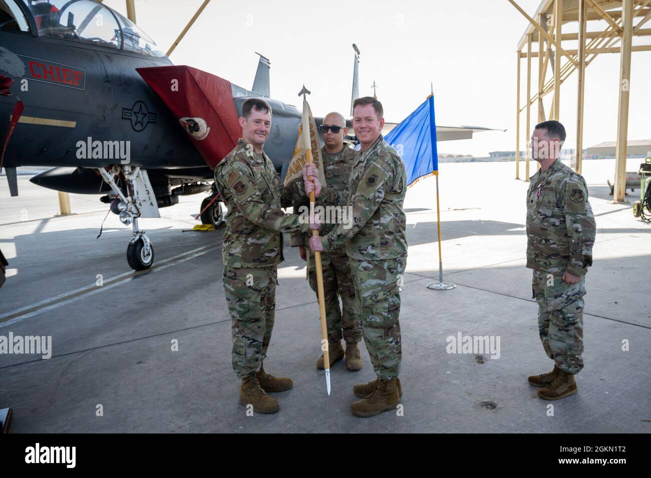 U.S. Air Force Lt. Col. Jason Purcell (right), incoming 380th ...