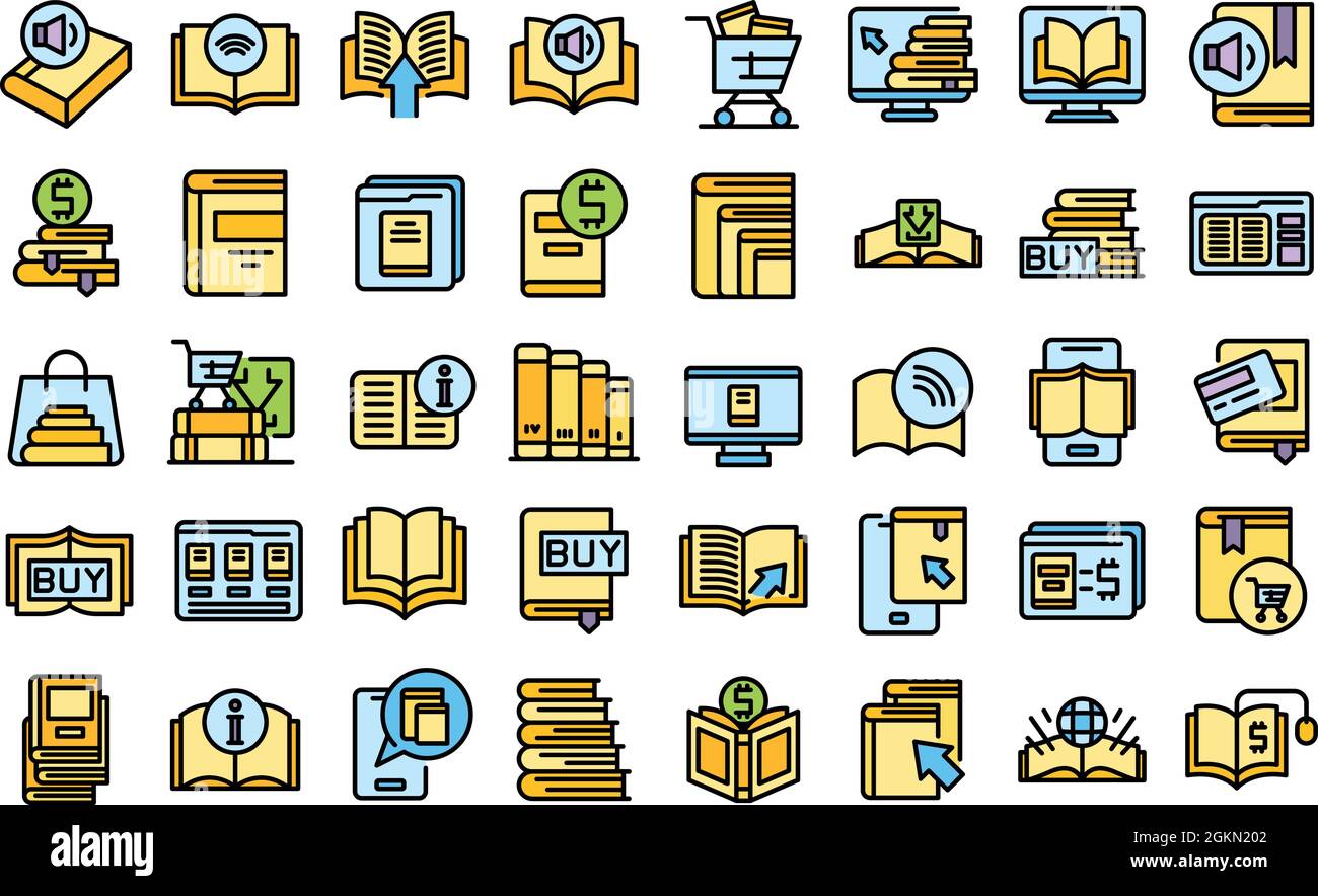 Online bookstore icons set outline vector. Open book magazine. Author ...