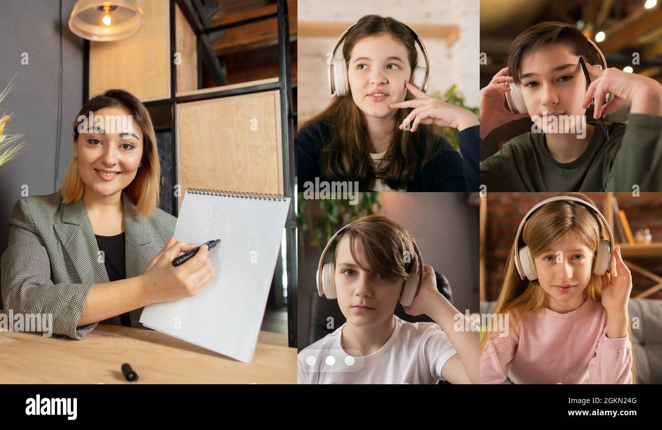 Collage. Group of kids, students studying by group video call, use ...
