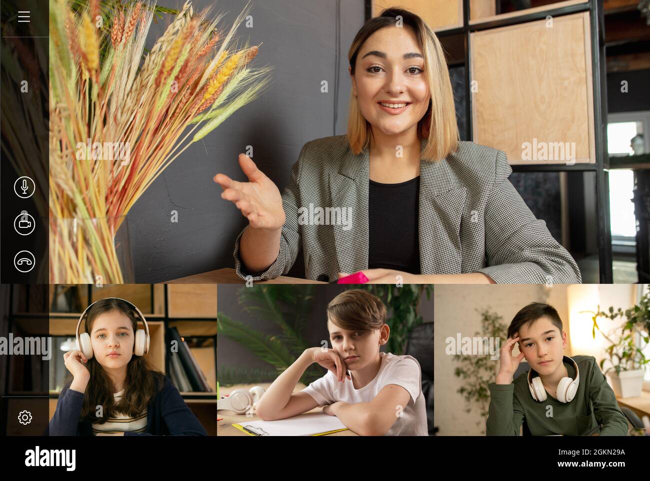 Collage. Group of kids, students studying by group video call, use ...