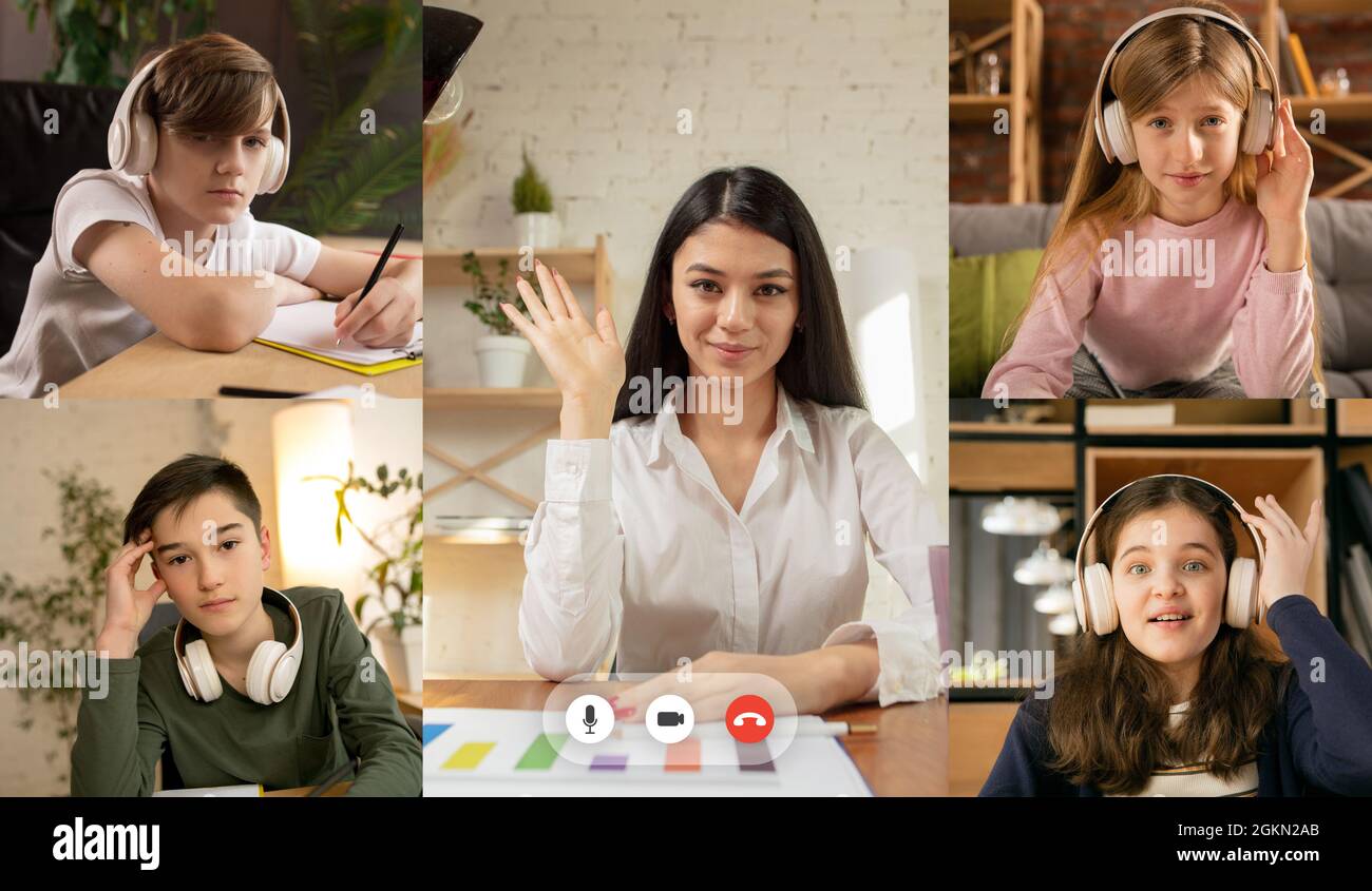 Collage. Group of kids, students studying by group video call, use ...