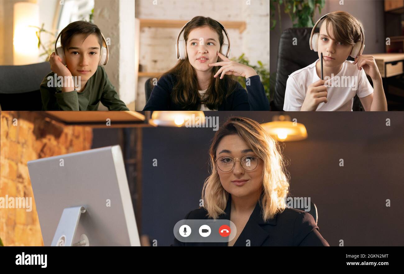 Collage. Group of kids, students studying by group video call, use ...