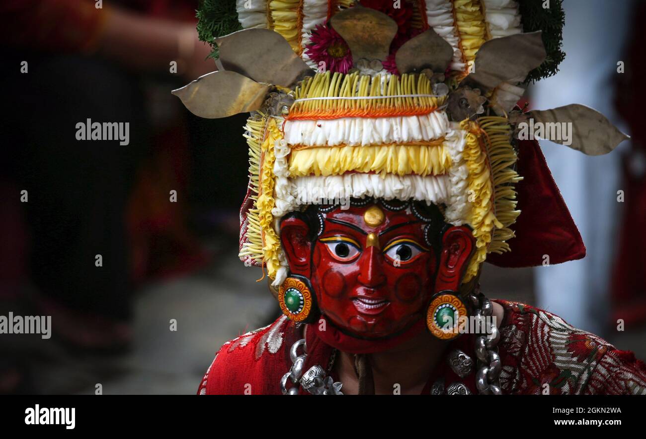 Kathmandu, Bagmati, Nepal. 15th Sep, 2021. A masked dancer performs as ...