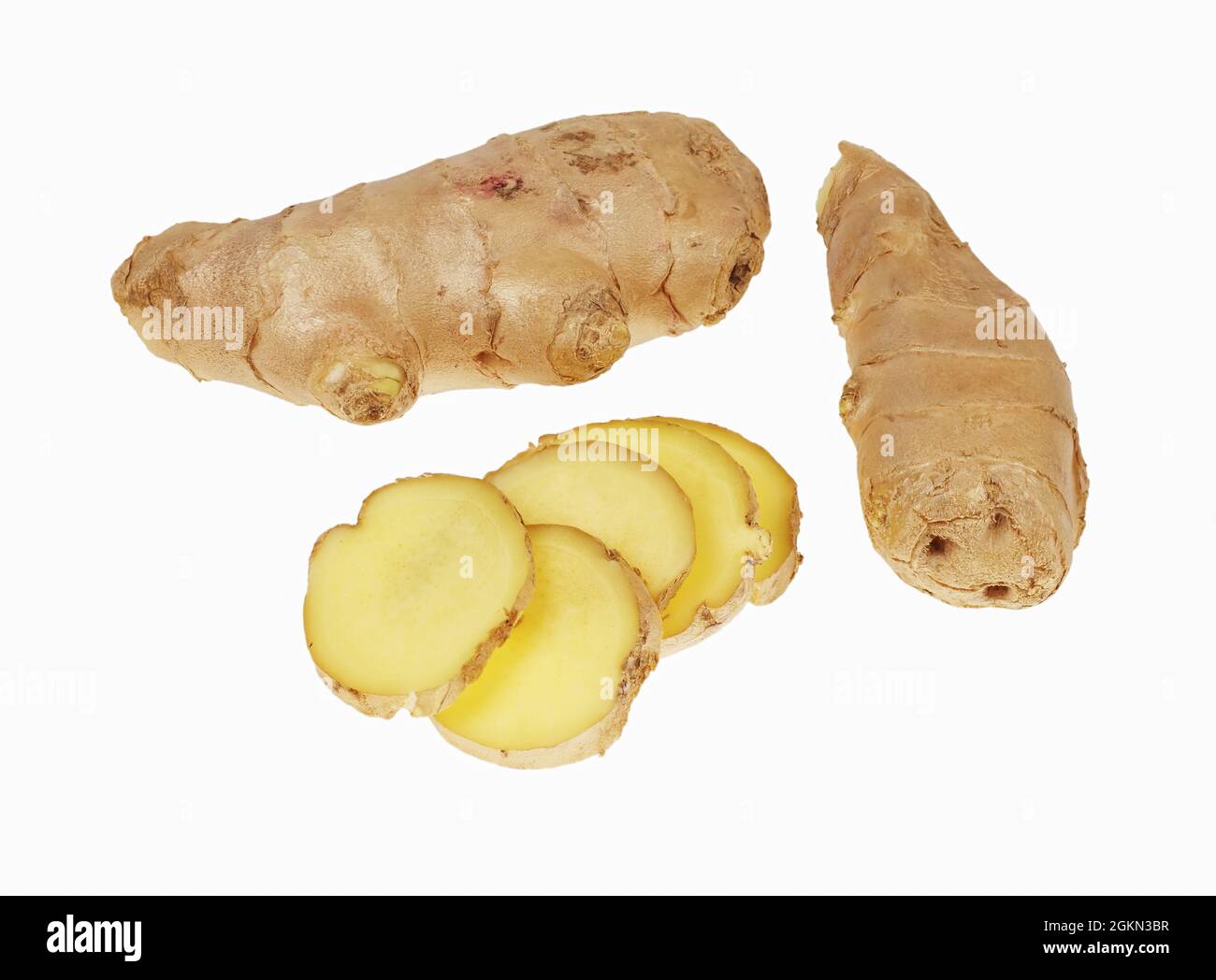 Ginger root and slices of ginger root, isolated on white background ...