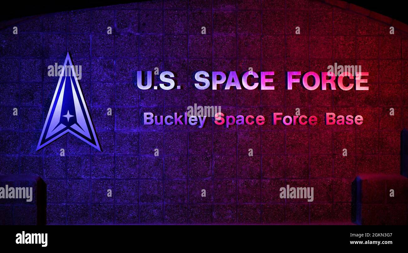 The U.S. Space Force sign revealing the new base name is illuminated at ...