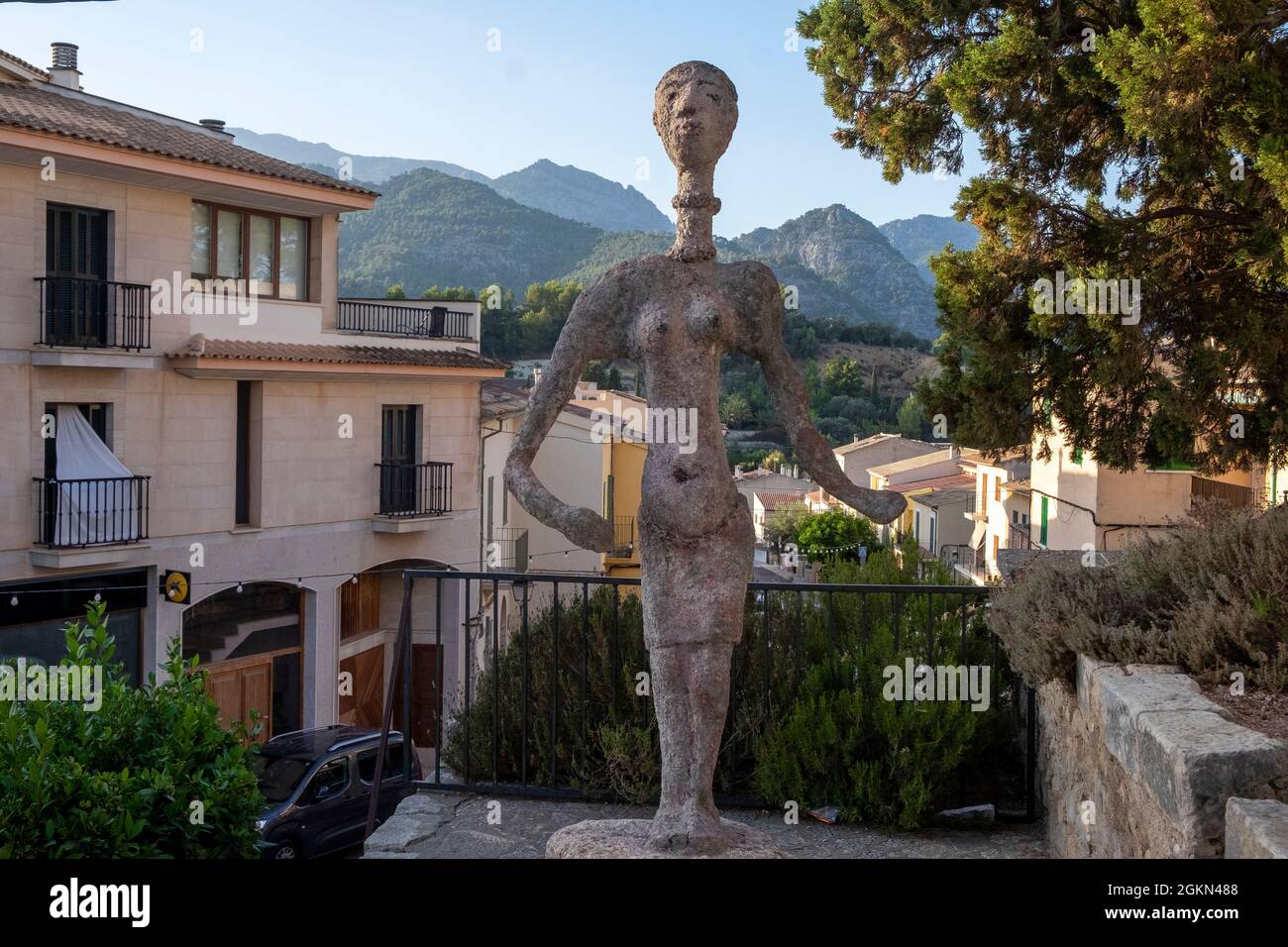 Strange statue in the central square, Selva, Mallorca, Balearic Islands ...