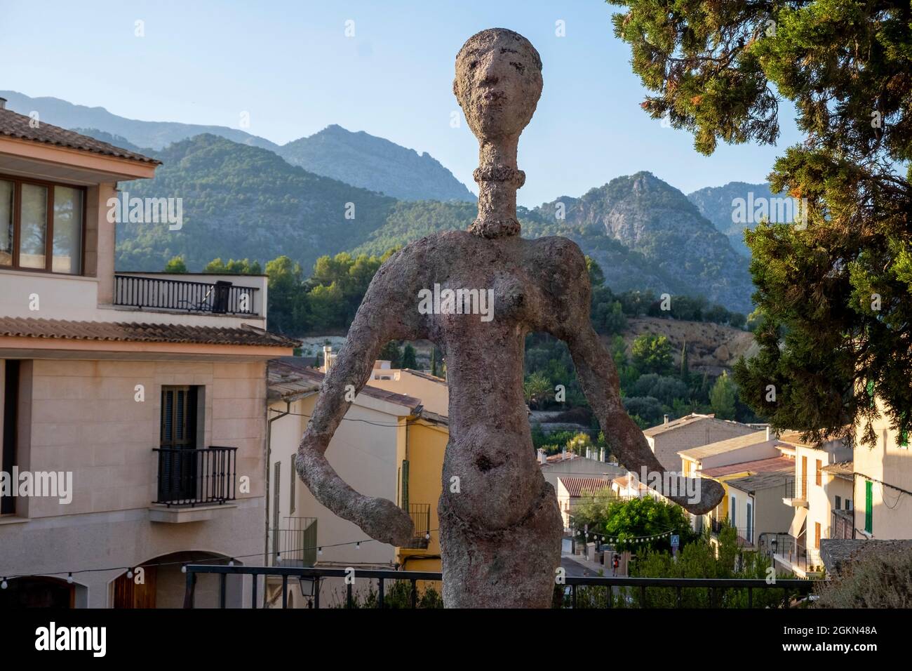 Strange statue in the central square, Selva, Mallorca, Balearic Islands ...