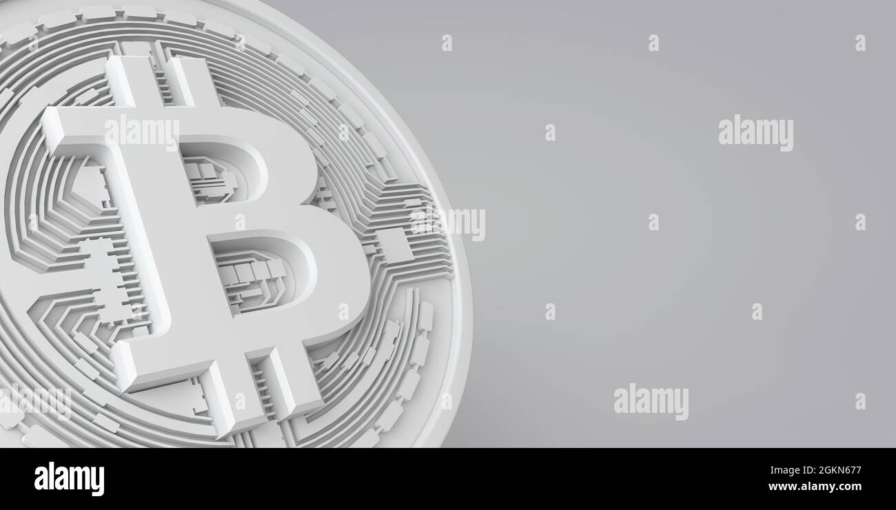 A white bitcoin cryptocurrency coin against a grey background. 3D ...