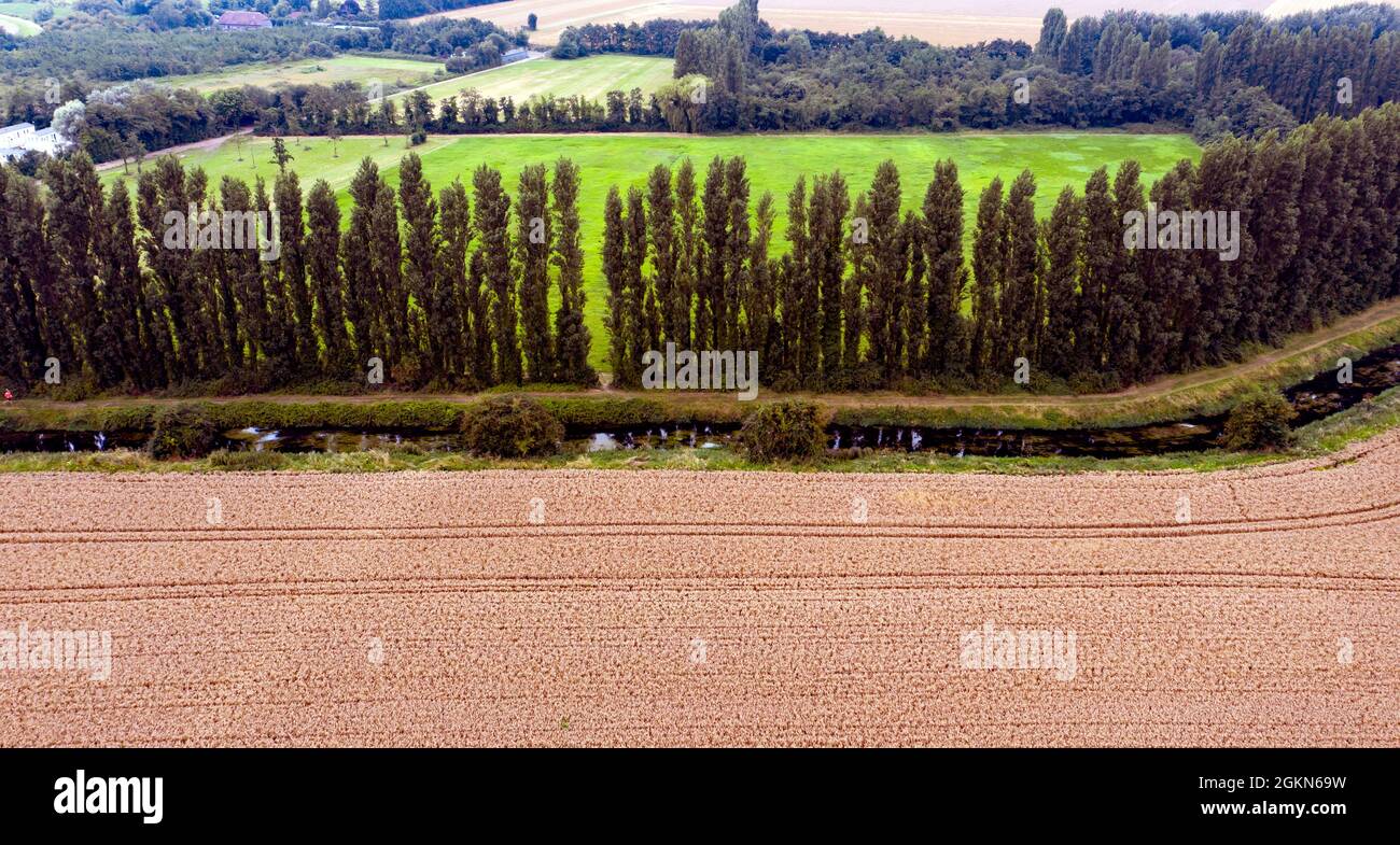Aerial view along a section of the Little Stour, near Plucks Gutter ...