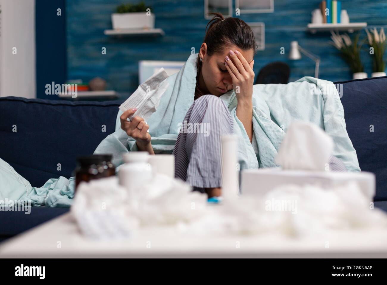 Adult woman holding prescription medicine from pharmacy doctor to cure ...