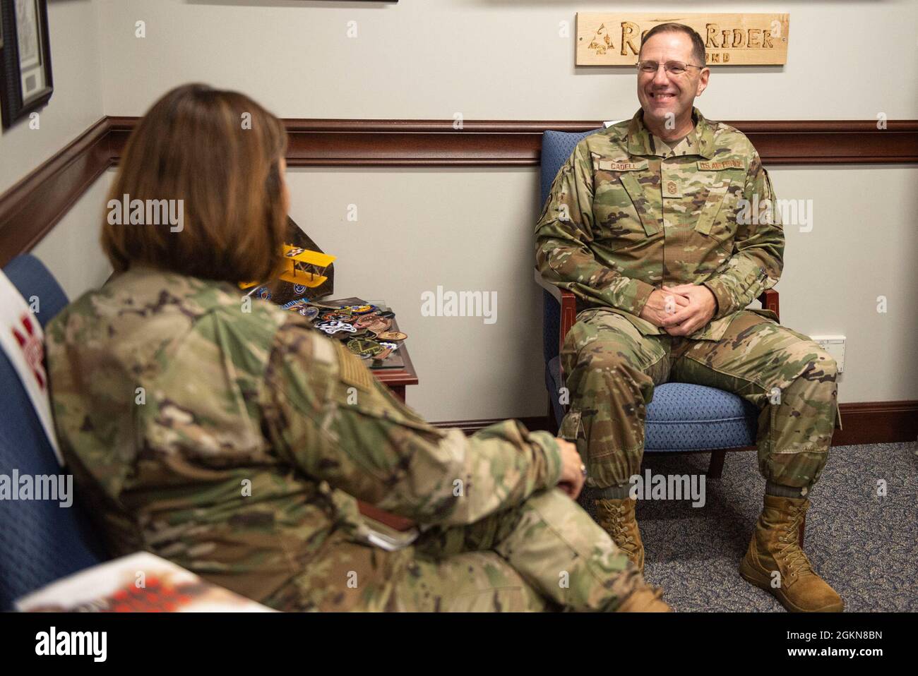 Chief Master Sgt. Stanley Cadell, command chief for Air Force Materiel Command, talks with Chief ...