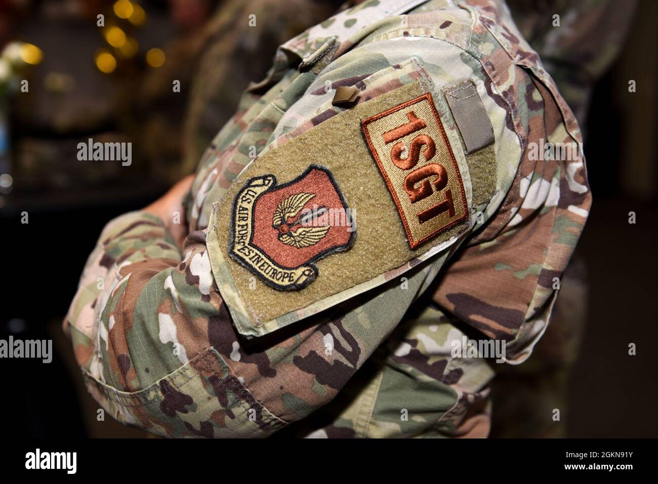 A first sergeant patch is shown on the arm of a first sergeant during ...