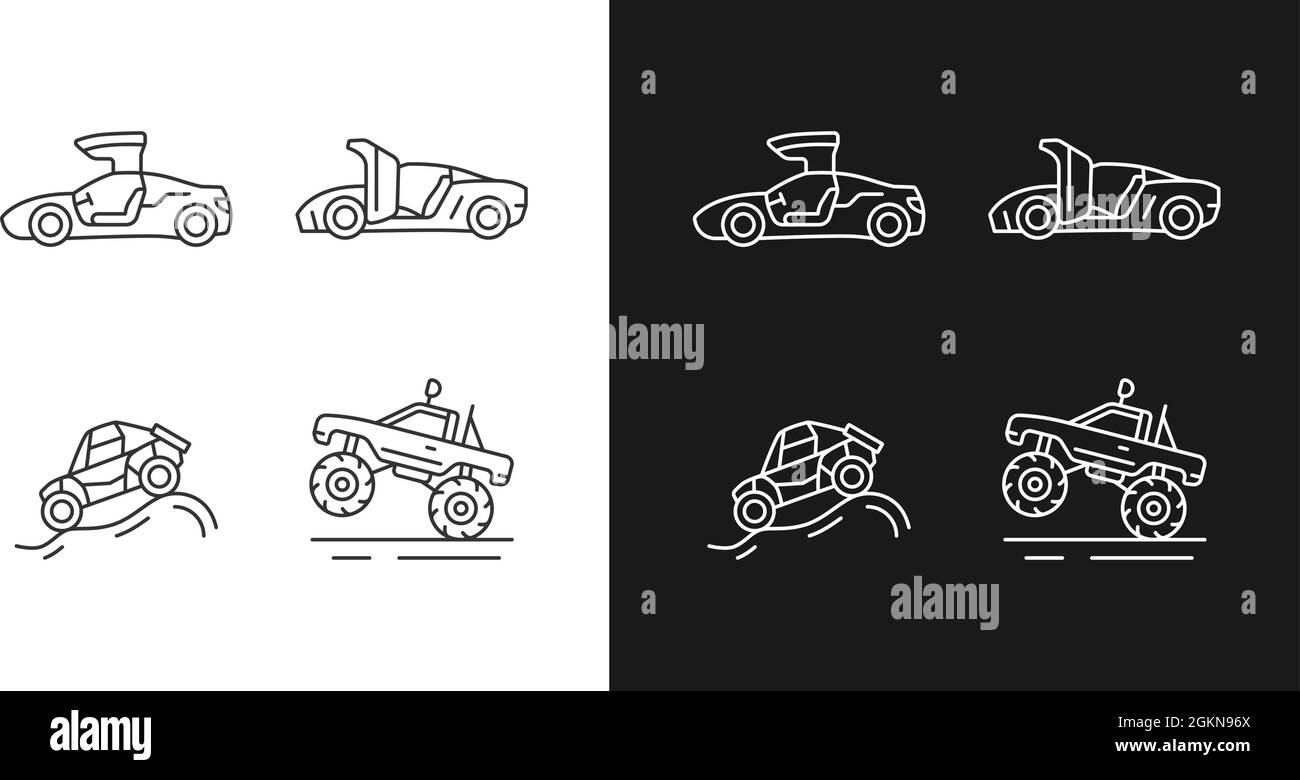 Driving specially-modified vehicles linear icons set for dark and light ...