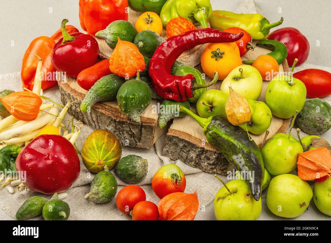 Trendy ugly vegetables and fruits. Assortment of fresh pepper, beans ...