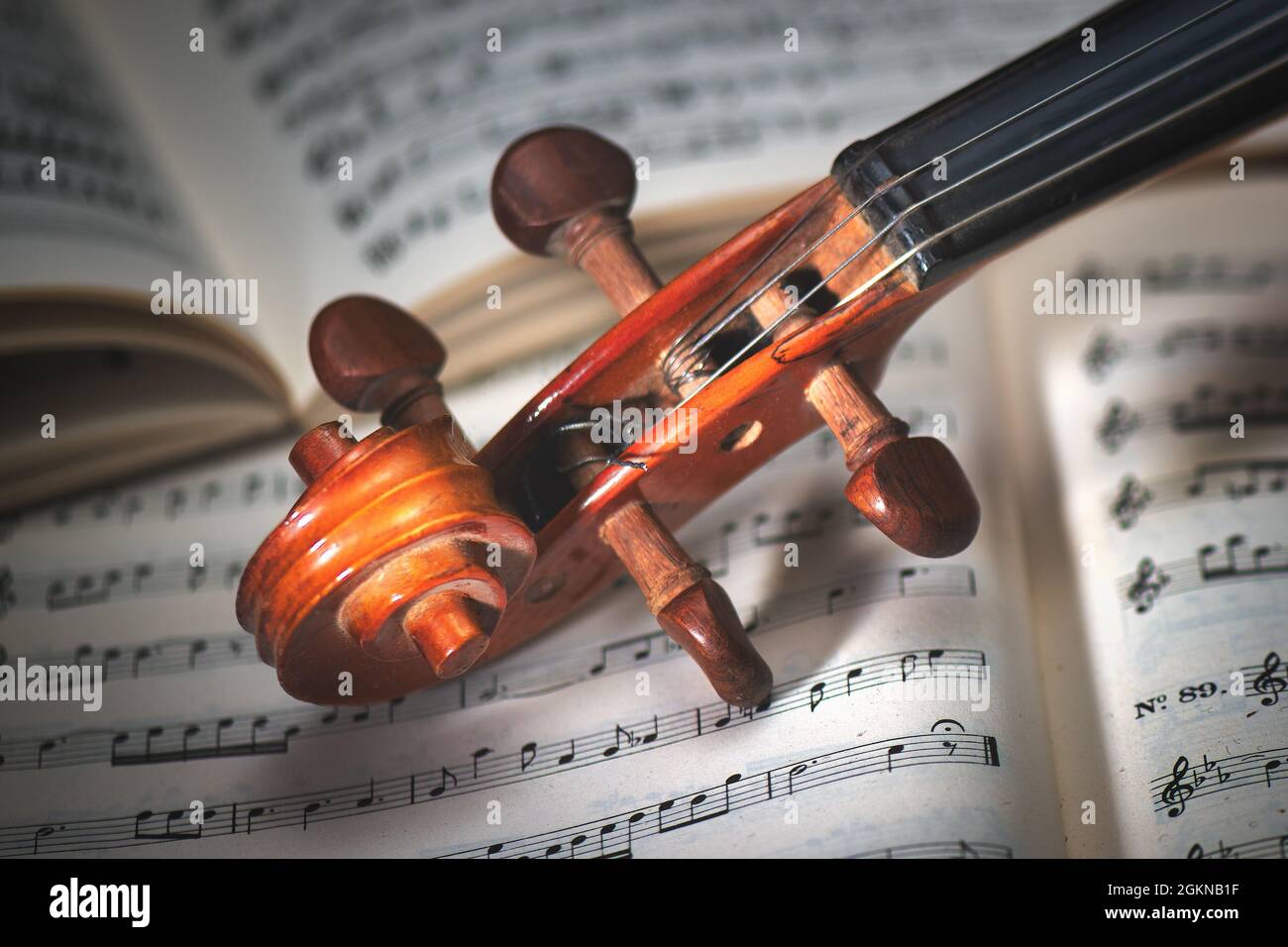 Detail of a violin handle resting on a score Stock Photo - Alamy