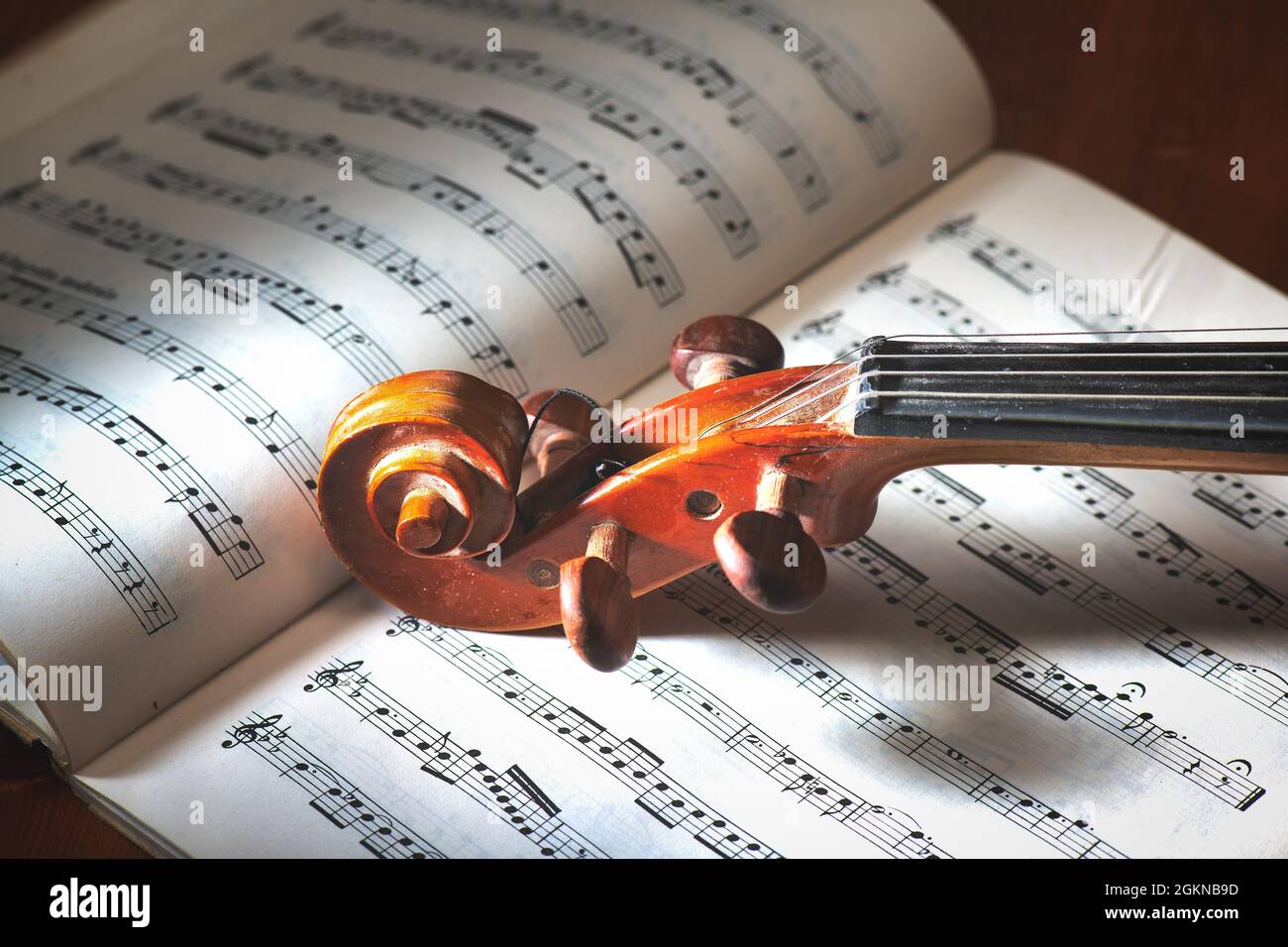 Detail of violin neck on musical score Stock Photo - Alamy
