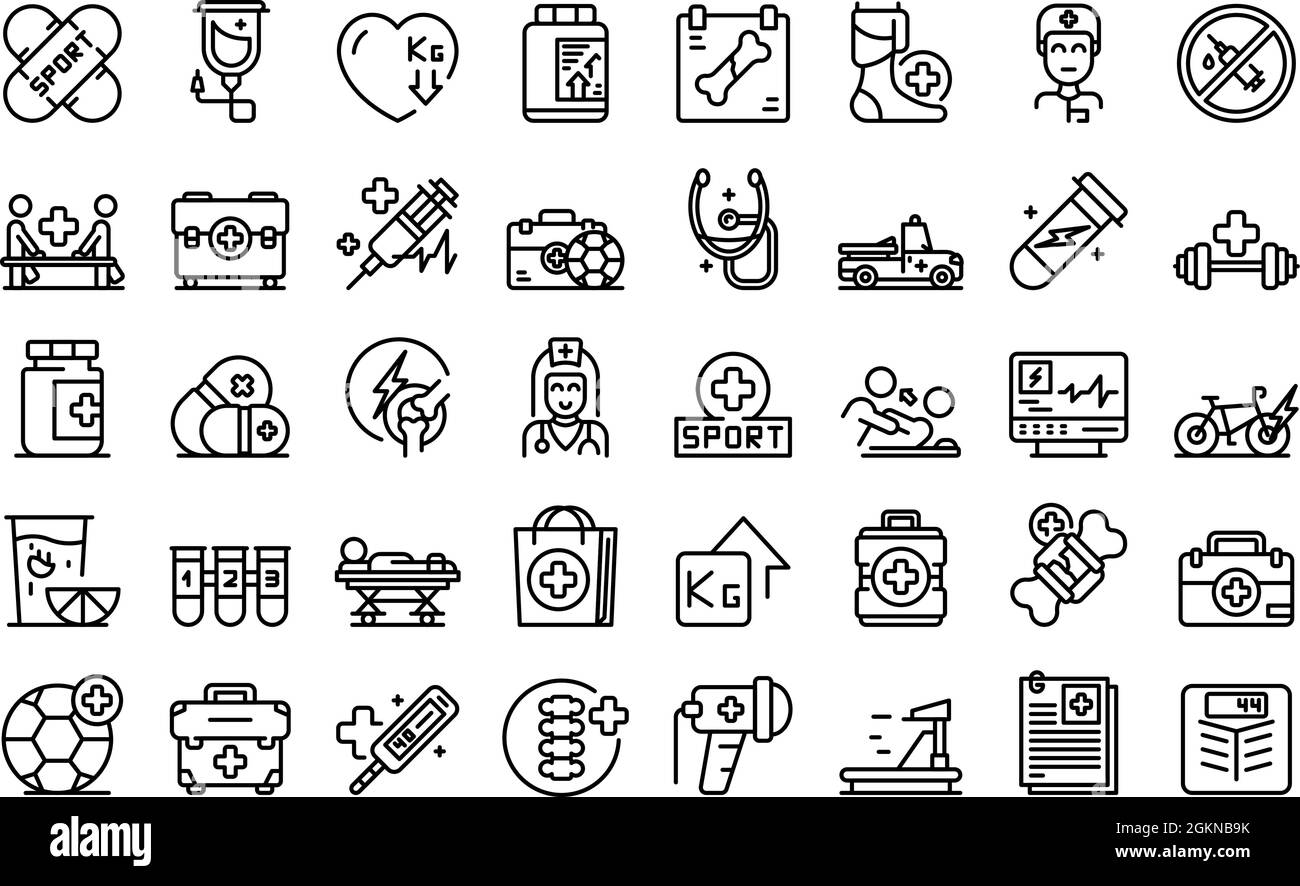 Sports doctor icons set outline vector. Injury therapy. Physical doctor ...