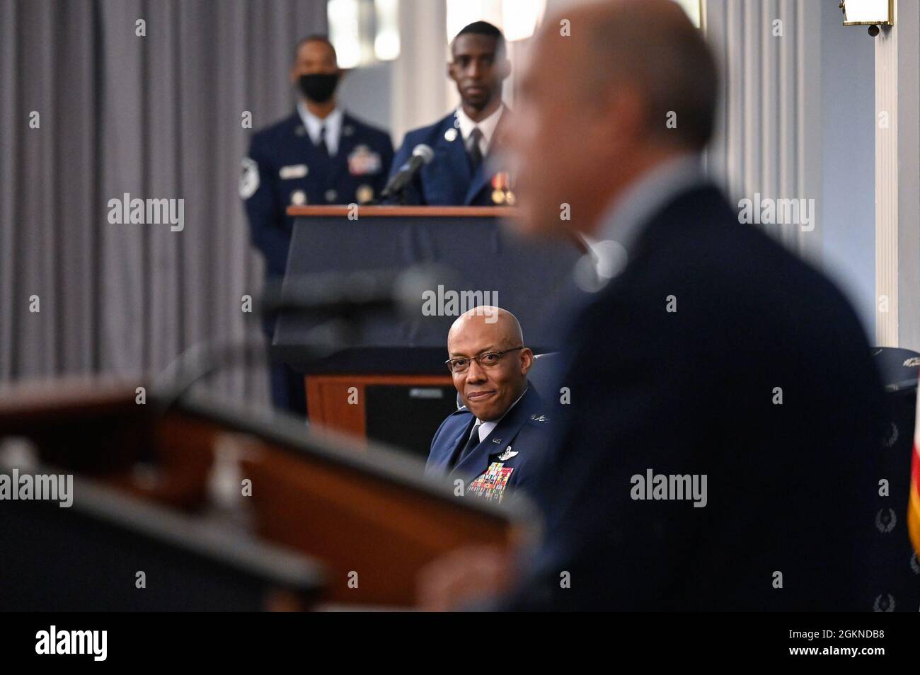 Air Force Chief of Staff Gen. CQ Brown, Jr. listens to remarks from Lt ...