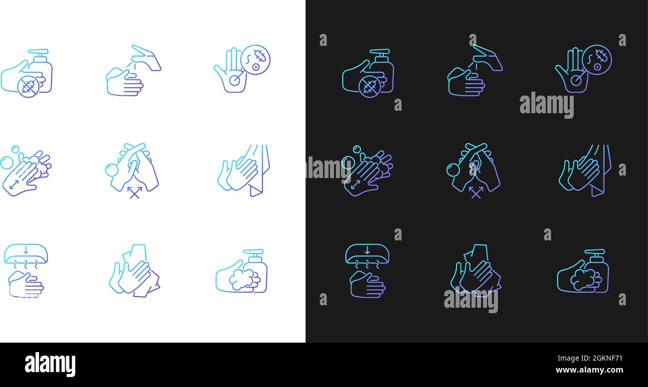 Hand washing steps gradient icons set for dark and light mode Stock ...