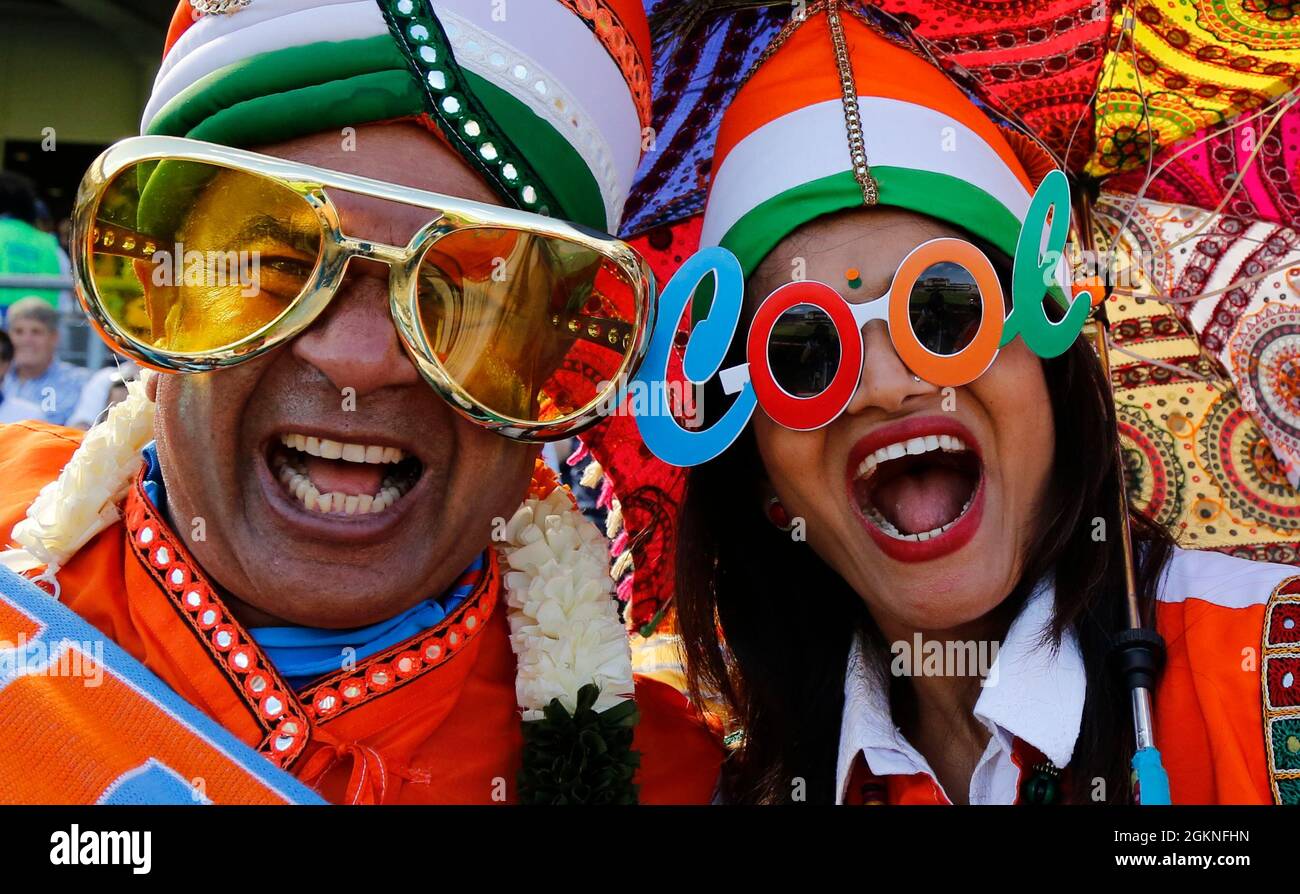 India cricket fans in fancy dress cheering during the ICC Champions ...